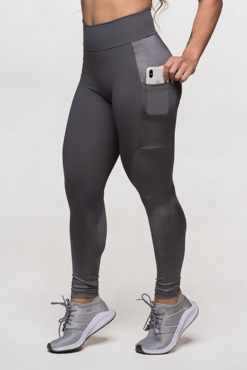 Calça Legging Fitness Poliamida Metalic Cinza com Bolso