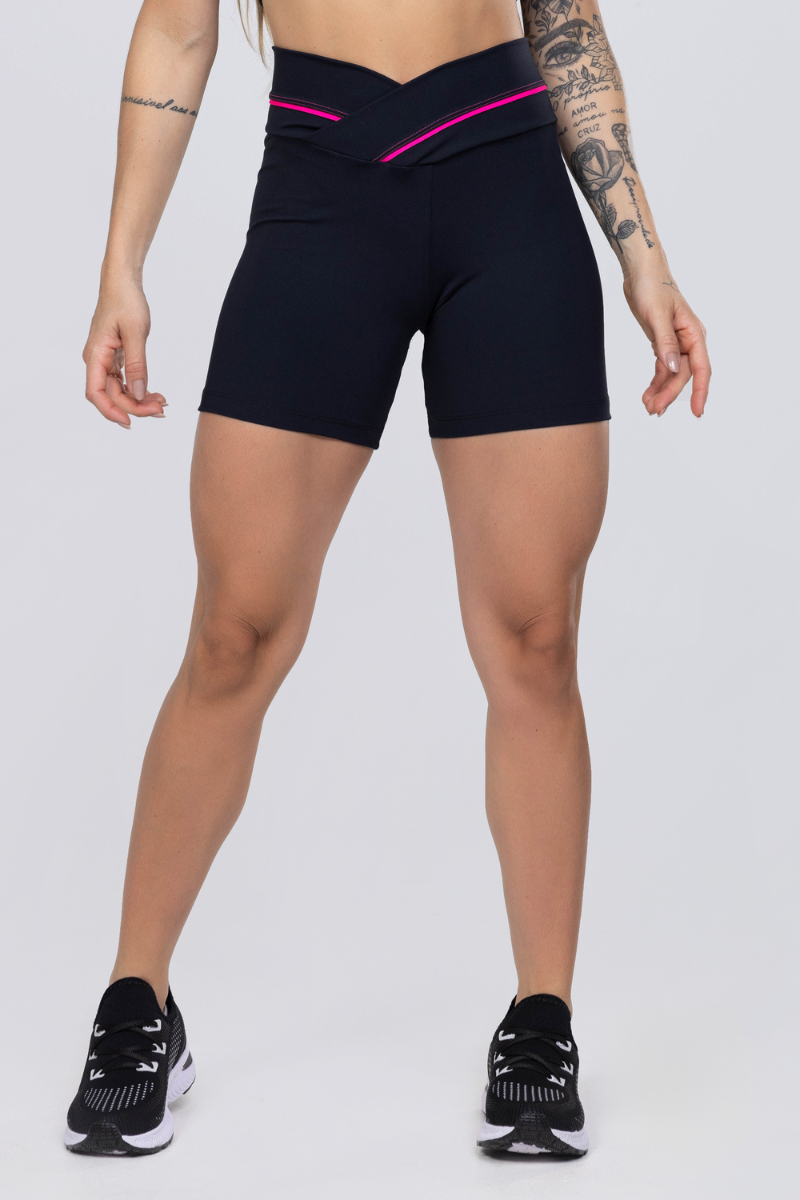 Short Fitness Poliamida Cós Transpassado Preto com Vivo Rosa